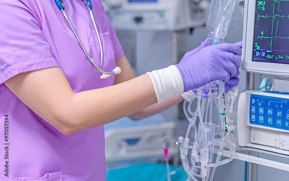 Closeup of nurse using sterile technique to adjust monitoring machines ...