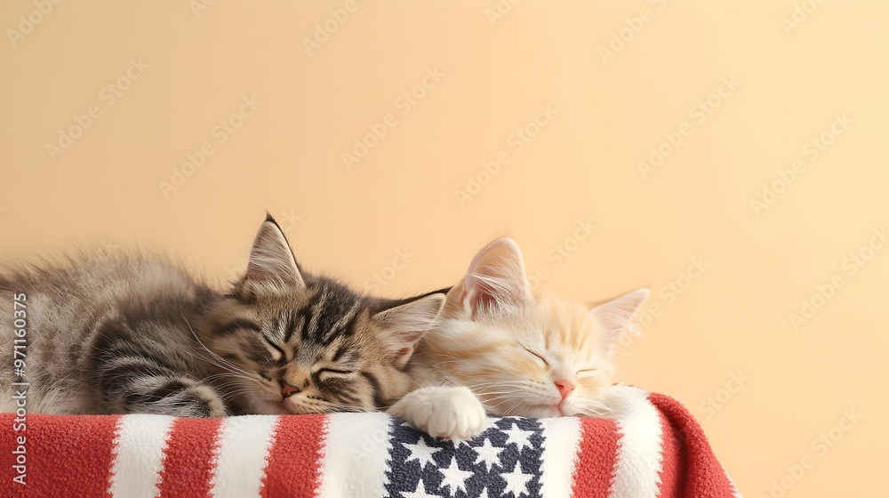 Patriotic Feline Comfort - Cats Lounging on Star-Spangled Plush ...