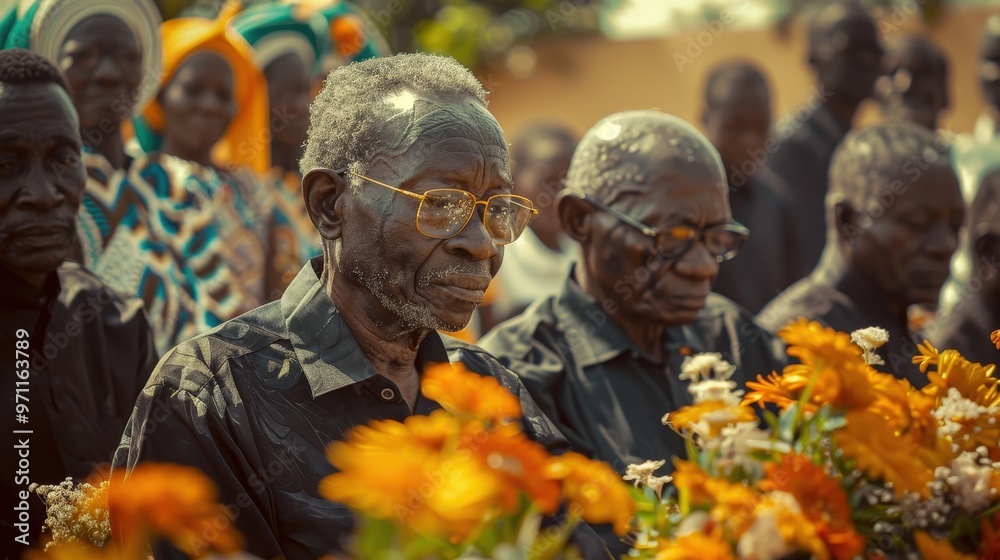 Elderly men in traditional attire participate in a solemn memorial ...
