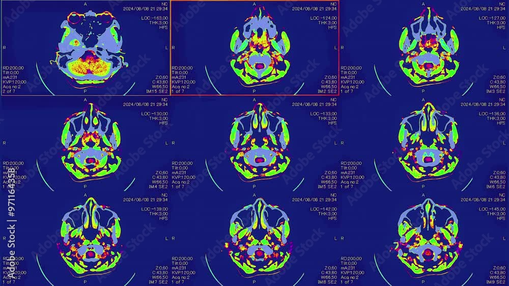 Magnetic resonance color images of the brain, top view, MRI of the ...