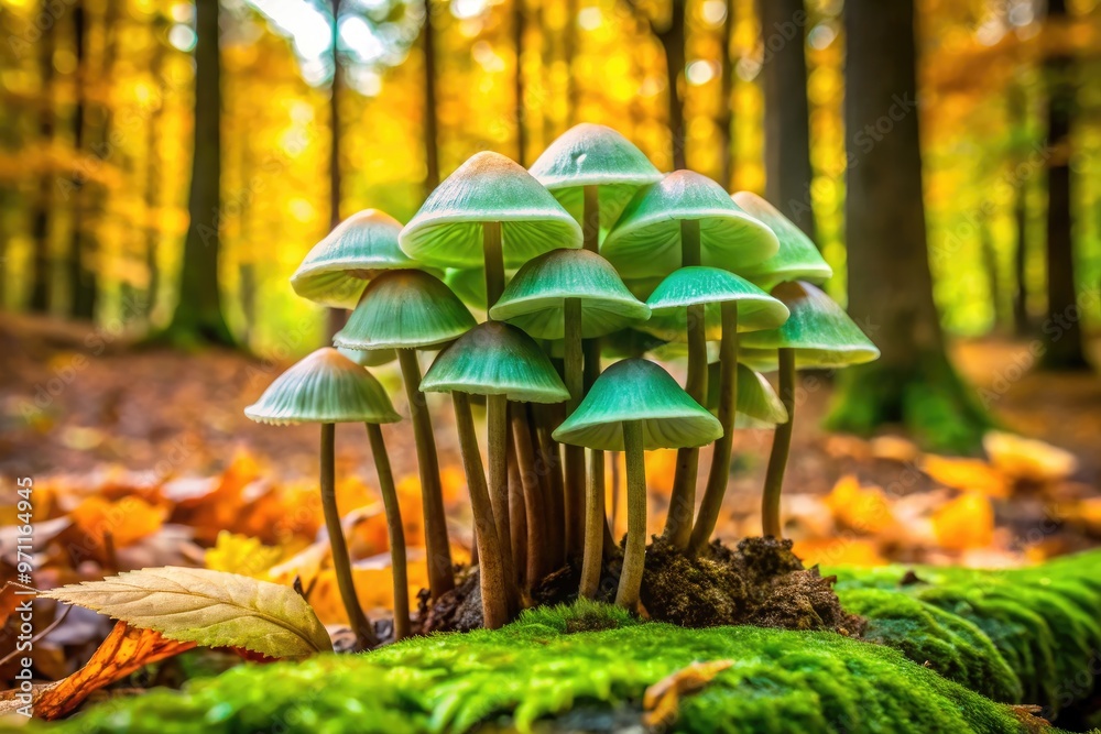 Vibrant green, bell-shaped Panaeolus mushrooms grow in clusters on ...