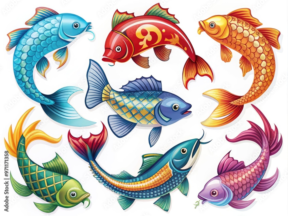 Vibrant illustrations of various fish symbols, including zodiac Pisces ...