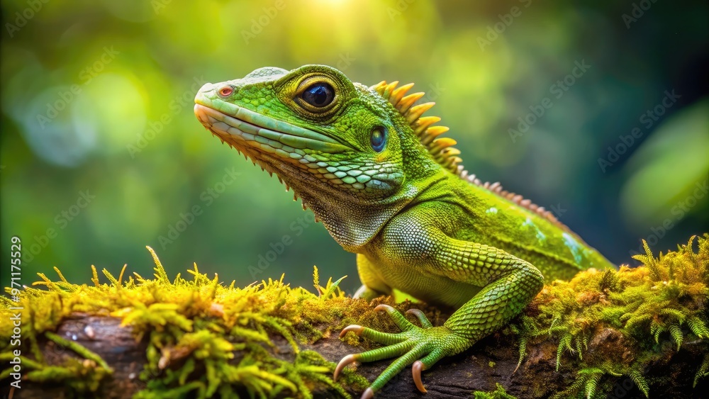 Vibrant lime green lizard with intricate scales and spiky dorsal fins ...