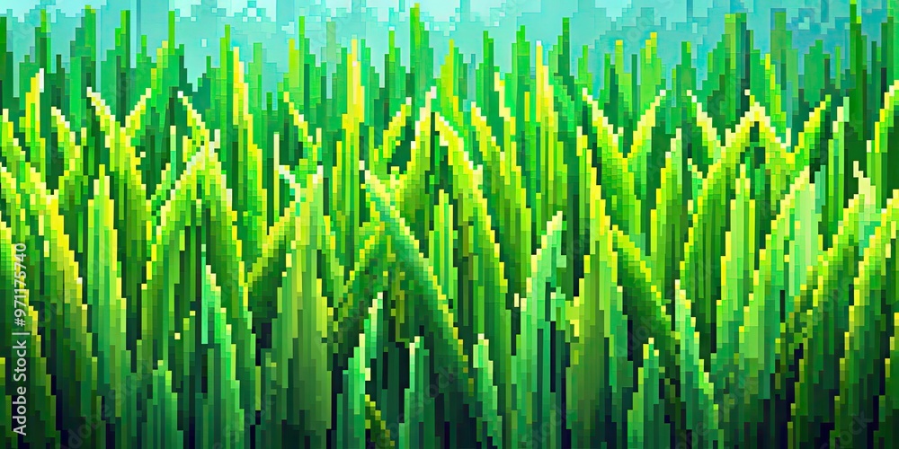 Vibrant, low-resolution pixel art depiction of lush green grass blades ...