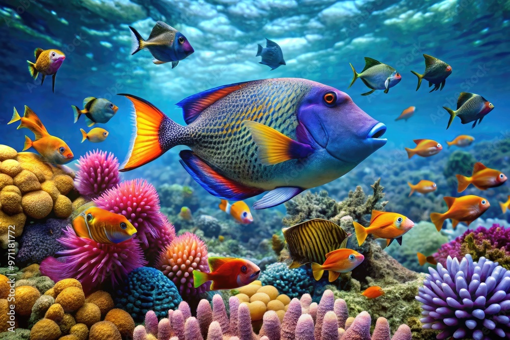 Vibrant ocean scene featuring a brightly colored triggerfish swimming ...