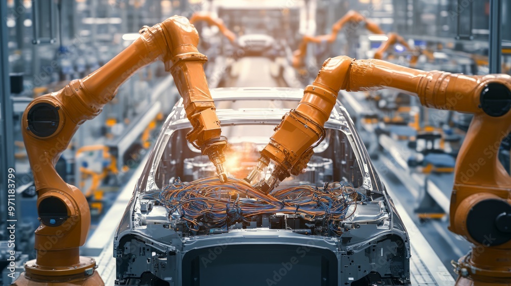 Robotic arms installing complex wiring harnesses inside a car chassis ...