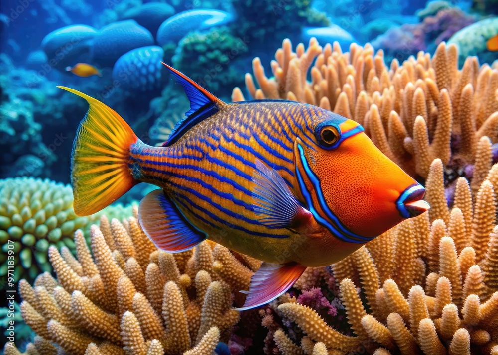 Vibrant orange and blue triggerfish swims amidst sea fans and coral ...