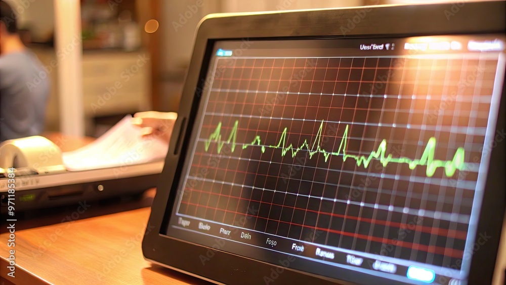 A detailed shot of a heart rate monitor screen with a visible heartbeat ...