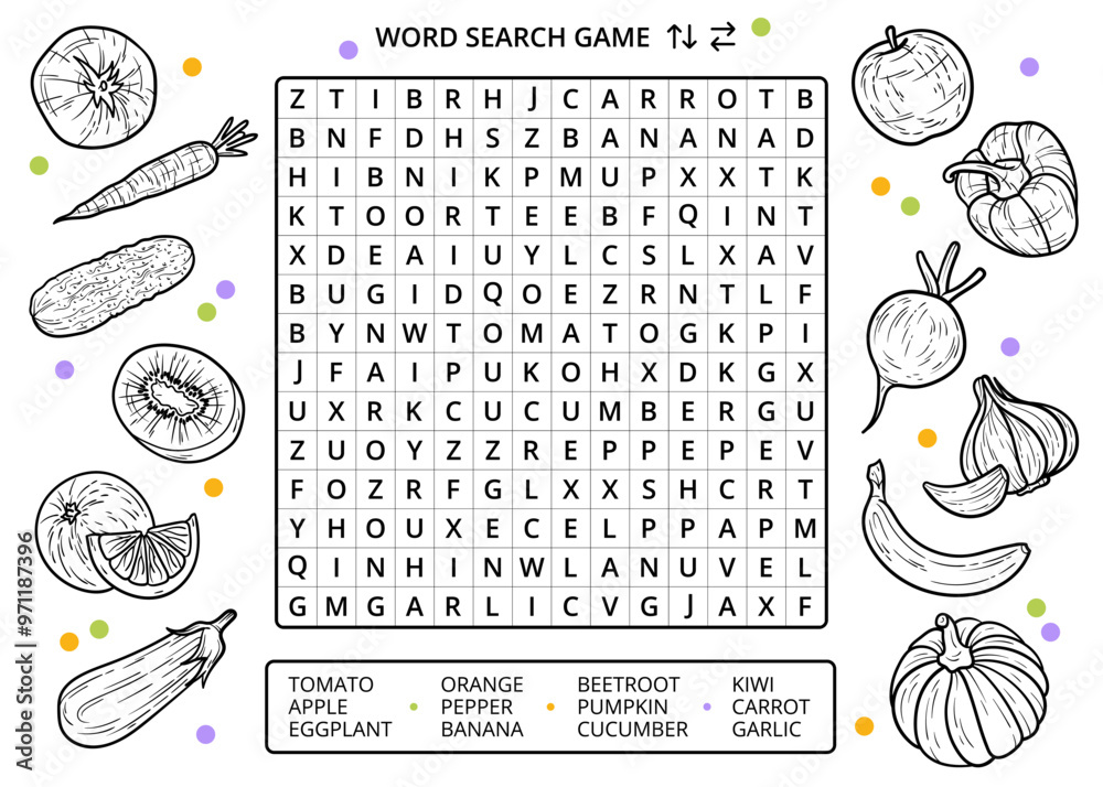 Word search puzzle game with hand-drawn vegetables and fruits ...