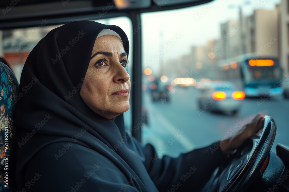 A middle-aged Arabian female bus driver, with a determined expression ...