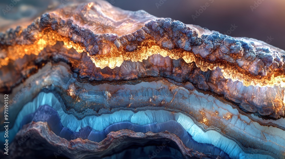 Cross-section of petrified wood, layers glowing with embedded crystals ...
