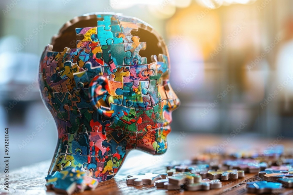Human head made of puzzle pieces is missing a piece, representing the ...