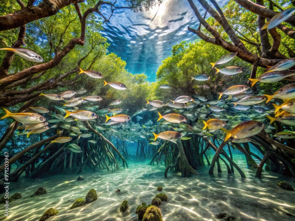 Vibrant schools of small fish dart between tangled mangrove roots and ...