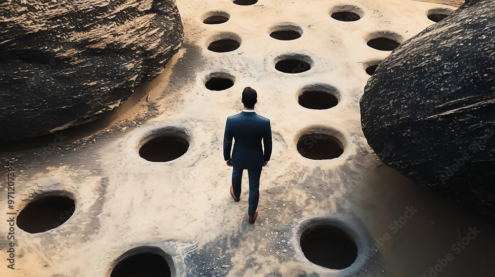 Many pitfalls in the ground and a man in a suit carefully walking ...