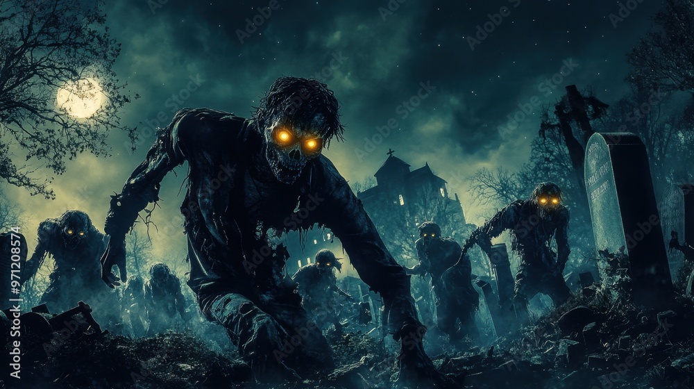 A group of zombies emerging from the ground in a graveyard at night ...