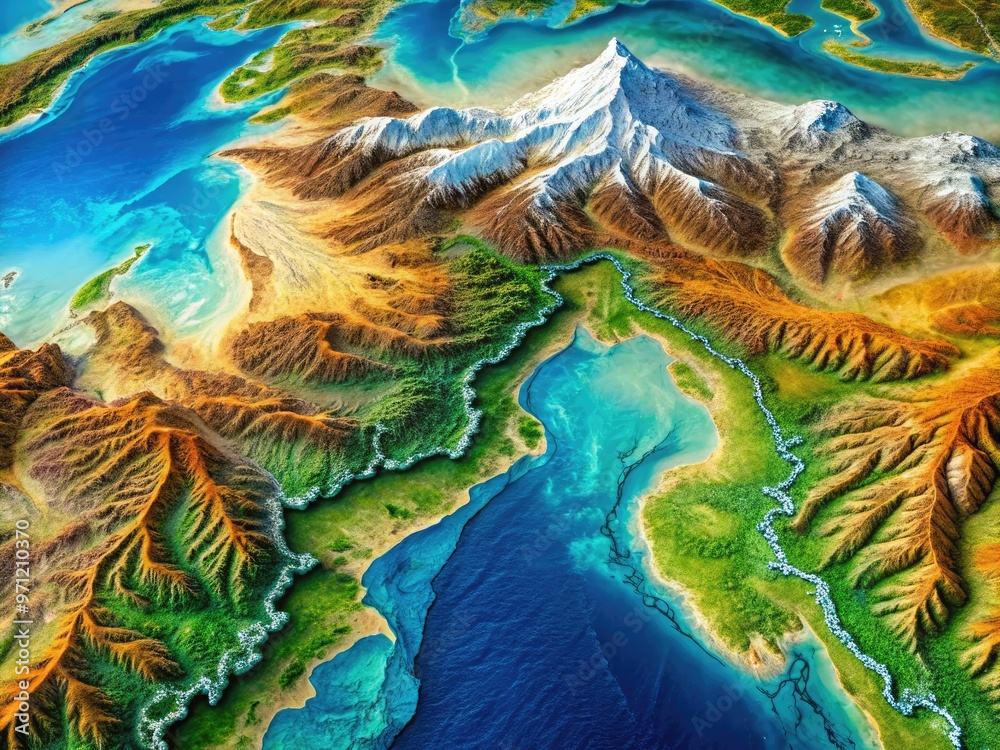 Vibrant topographical map of the Indian Himalayas, featuring majestic ...