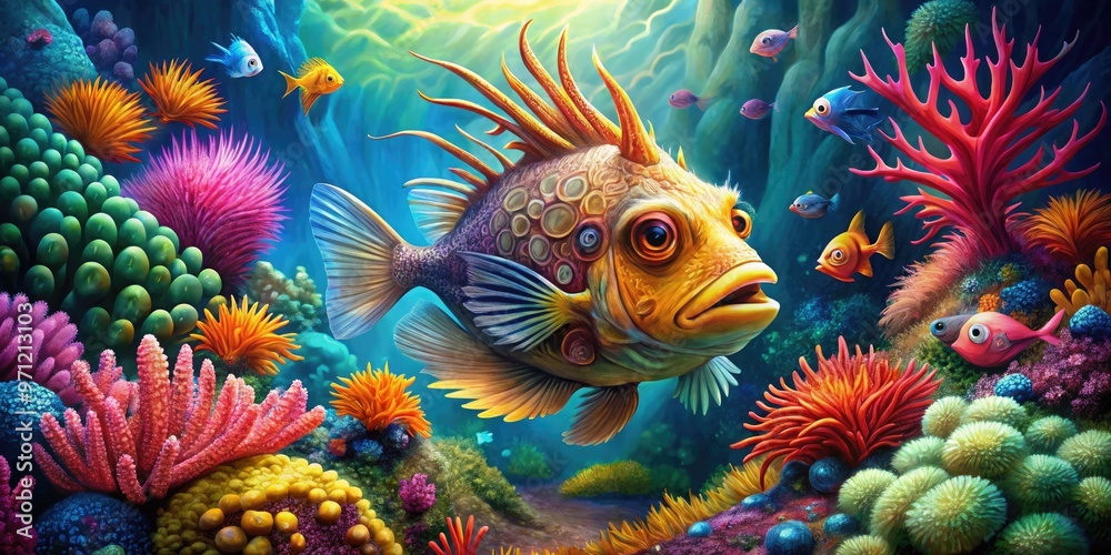 Vibrant underwater scene featuring an angler fish with an illicium on ...