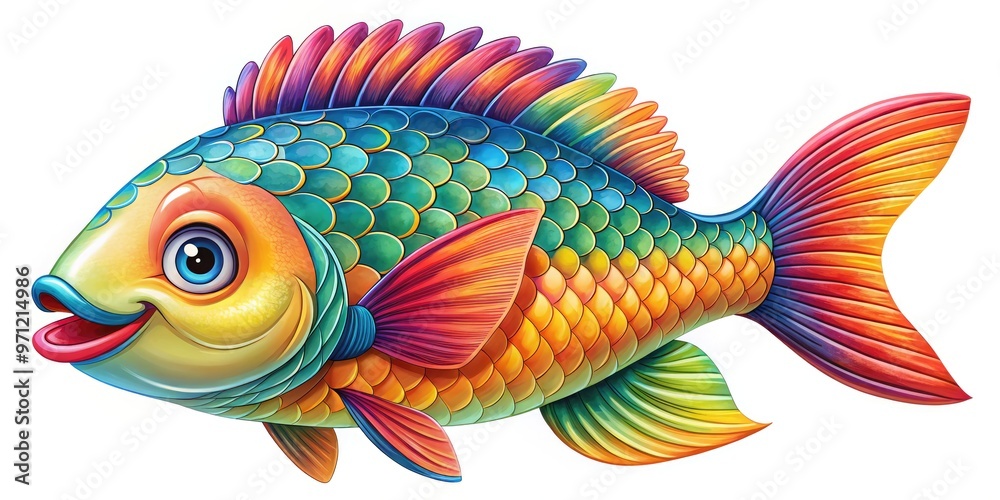 Vibrant, whimsical illustration of a smiling fish with rounded fins and ...