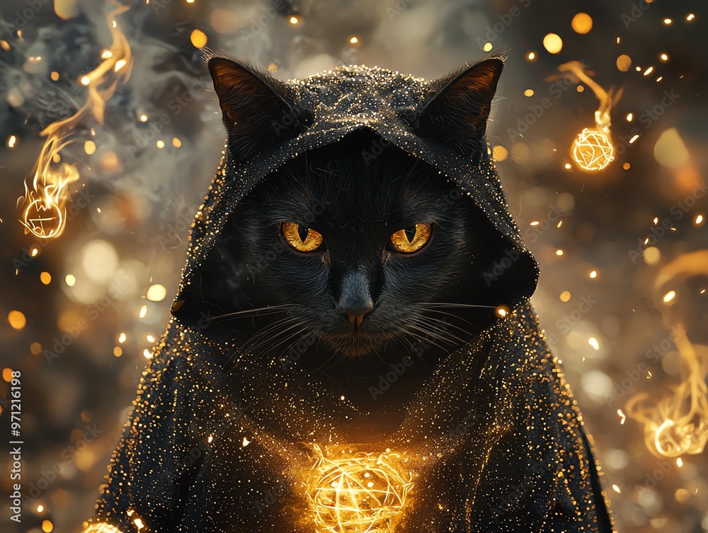 Black cat in a wizard s robe surrounded by glowing magical symbols ...