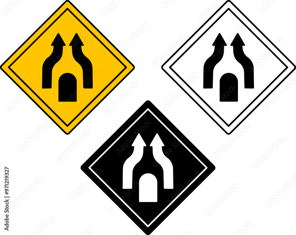 Signs Separated Highway Ends In One-Way Traffic. Warning Road Signs ...