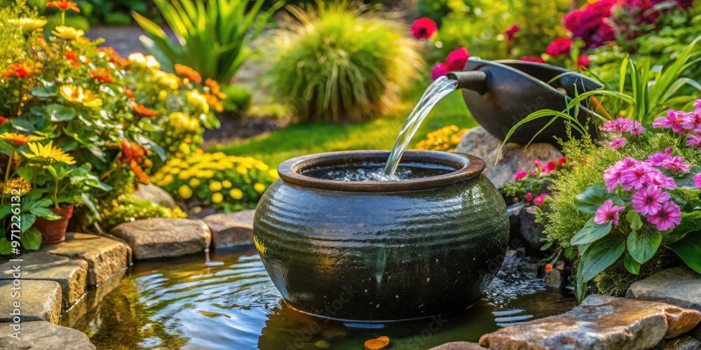 Water flows out of a black bubbler pot's drainage holes, creating a ...