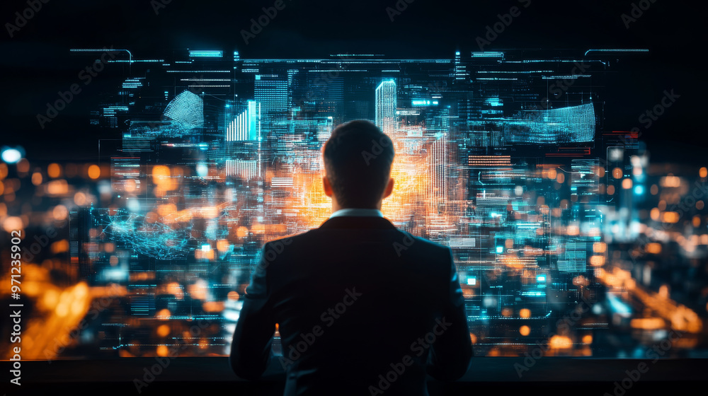 A businessman overlooking futuristic city skyline, immersed in digital ...