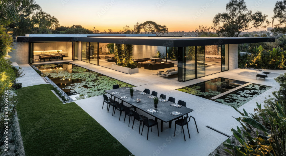 Aerial view of a modern dining table with a long black glass top and ...