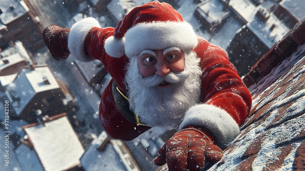 Comical Santa Claus stuck headfirst in a chimney, feet kicking as he ...