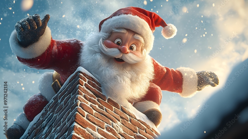 Comical Santa Claus stuck headfirst in a chimney, feet kicking as he ...