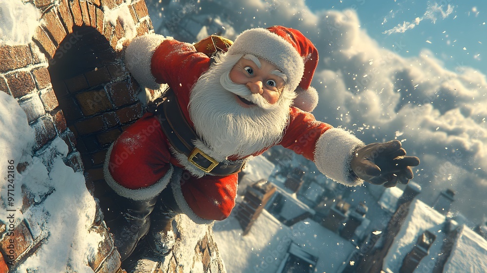 Comical Santa Claus stuck headfirst in a chimney, feet kicking as he ...