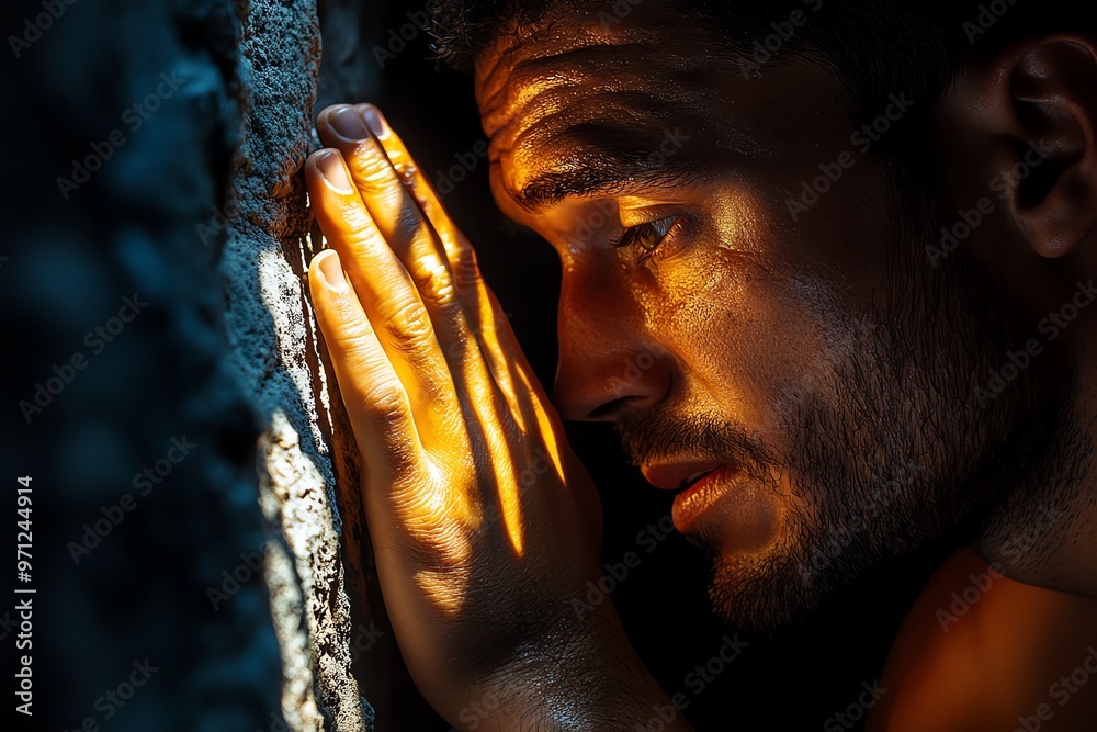 A prisoner chained to the wall of a medieval dungeon, their eyes ...