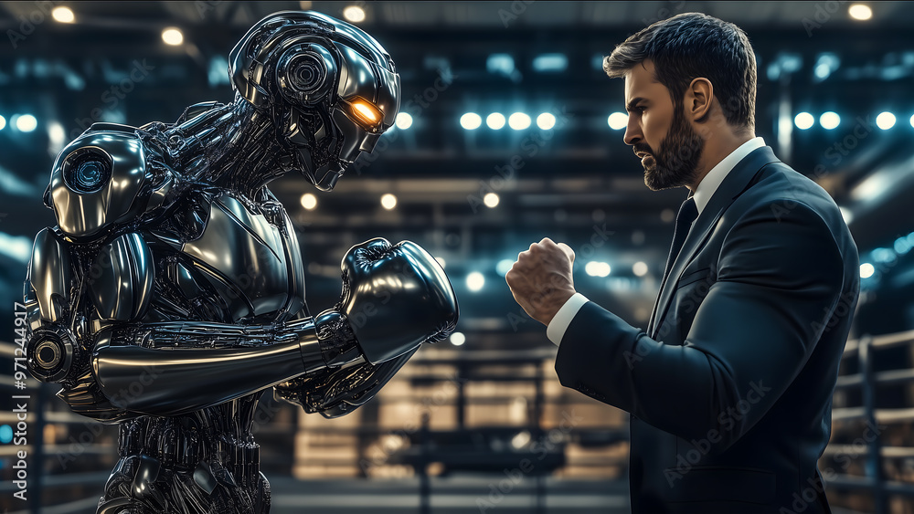 Human vs artificial intelligence in a boxing ring. Businessman Battles ...