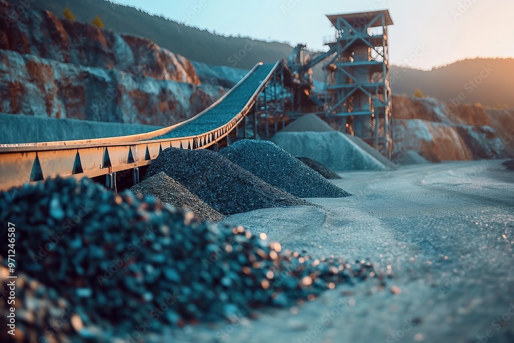 Conveyor belt transporting stone at an open pit mine during sunset with ...