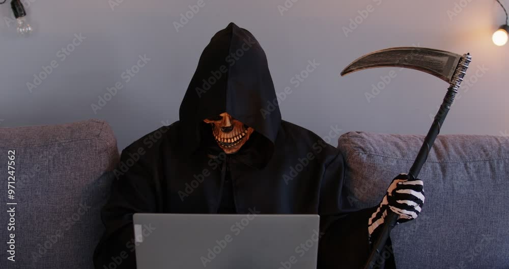 Scary dangerous hacker Halloween Grim Reaper horrific figure masked ...