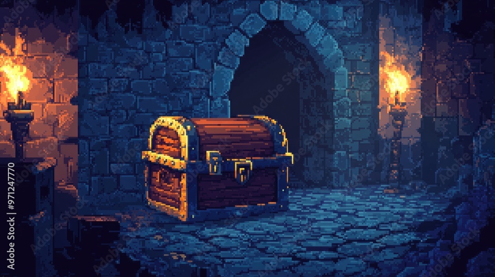 Retro pixel art treasure chest in a dungeon, waiting to be opened, with ...