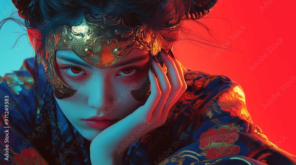 Black kimono-clad female demon with an oni mask, resting one hand on ...