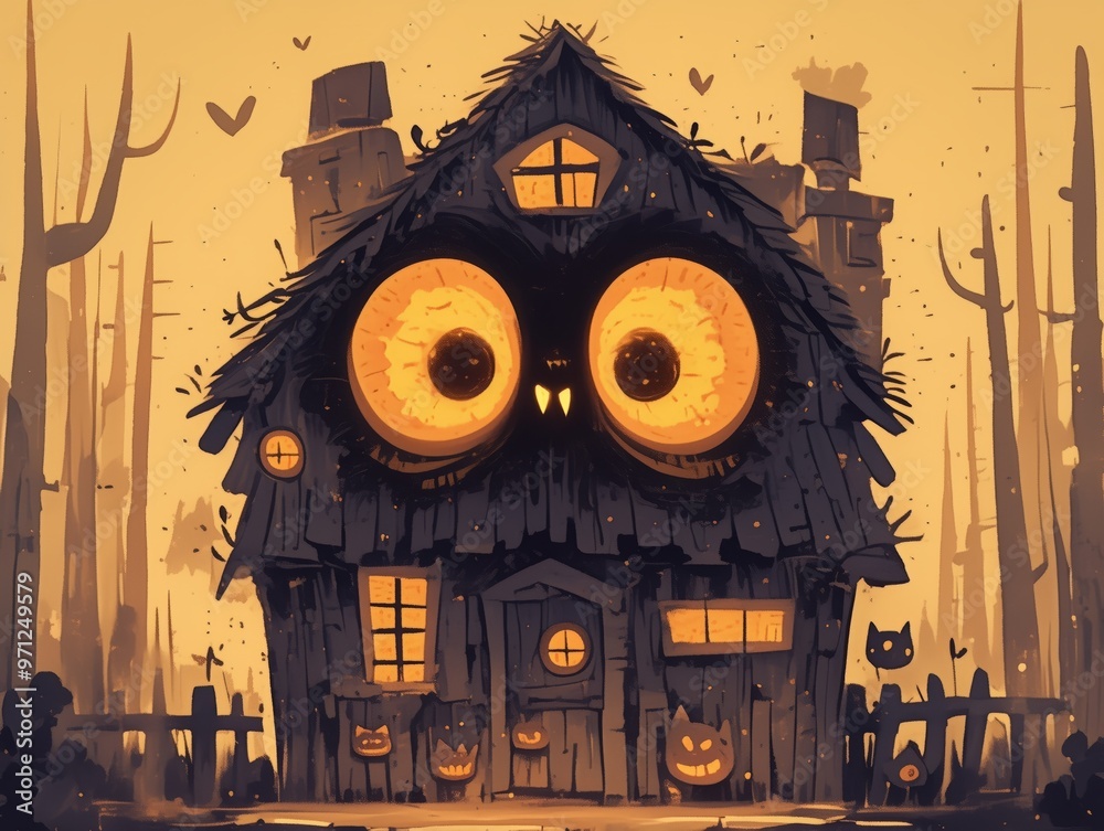 Nervous haunted house emoji with glowing yellow windows for eyes, a ...