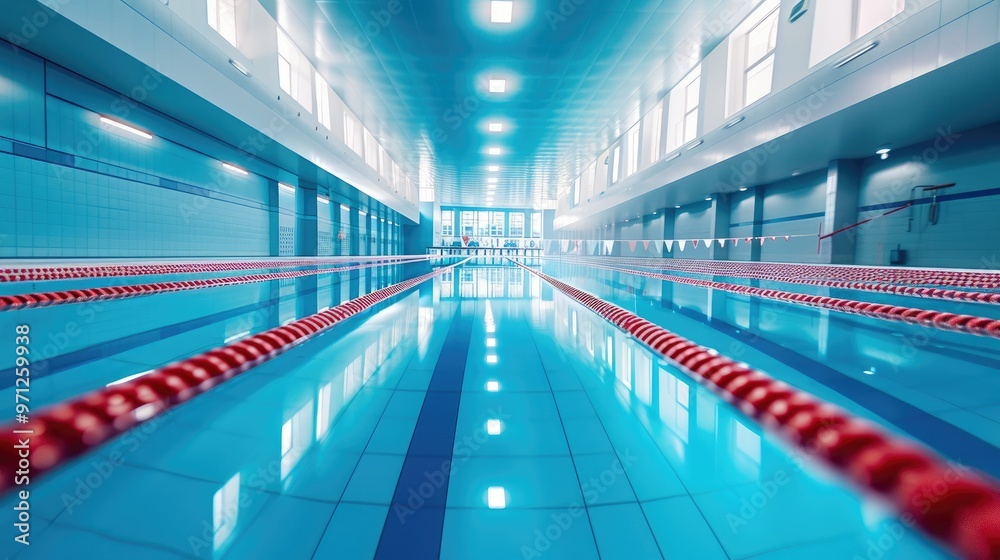 Premium Quality Image of Olympic Pool with Red Lane Ropes and Blue ...