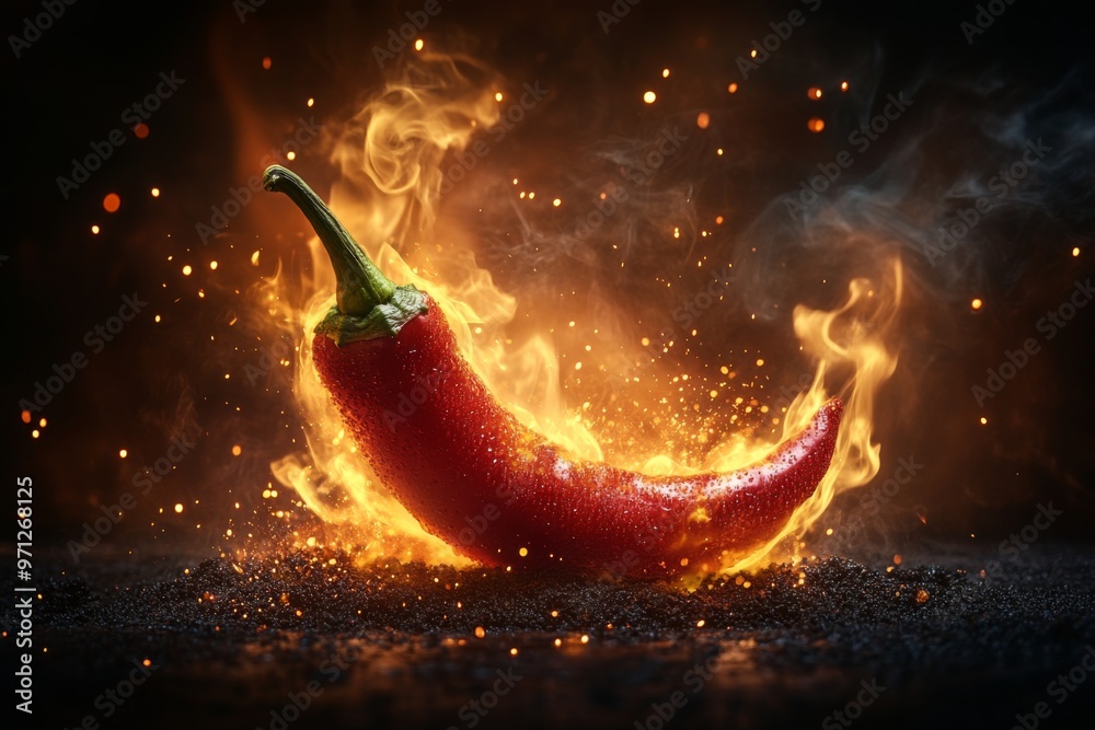 Delicious smoky red hot pepper isolated on dark background. Bright red ...