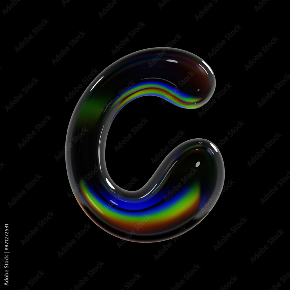 3d holographic glass letter C with smooth, glossy, and reflective ...