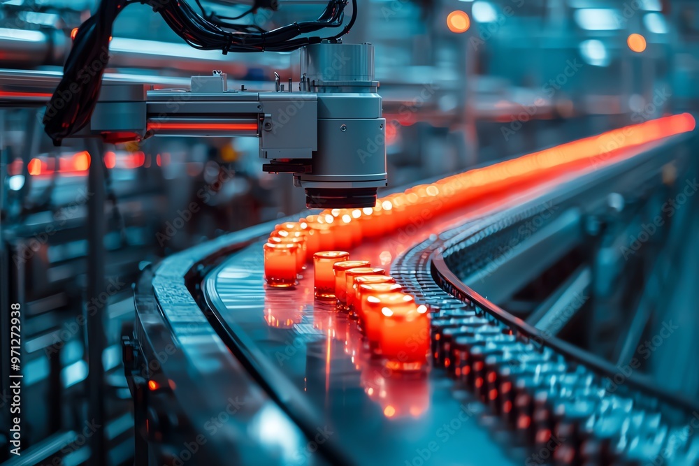 Robotic camera performing a 360-degree inspection of products on a ...