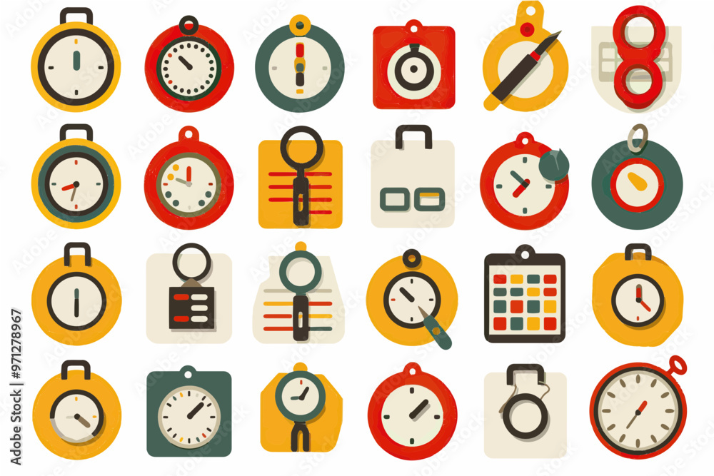 Flat design icons of clocks, calendars, and compasses in a retro style ...
