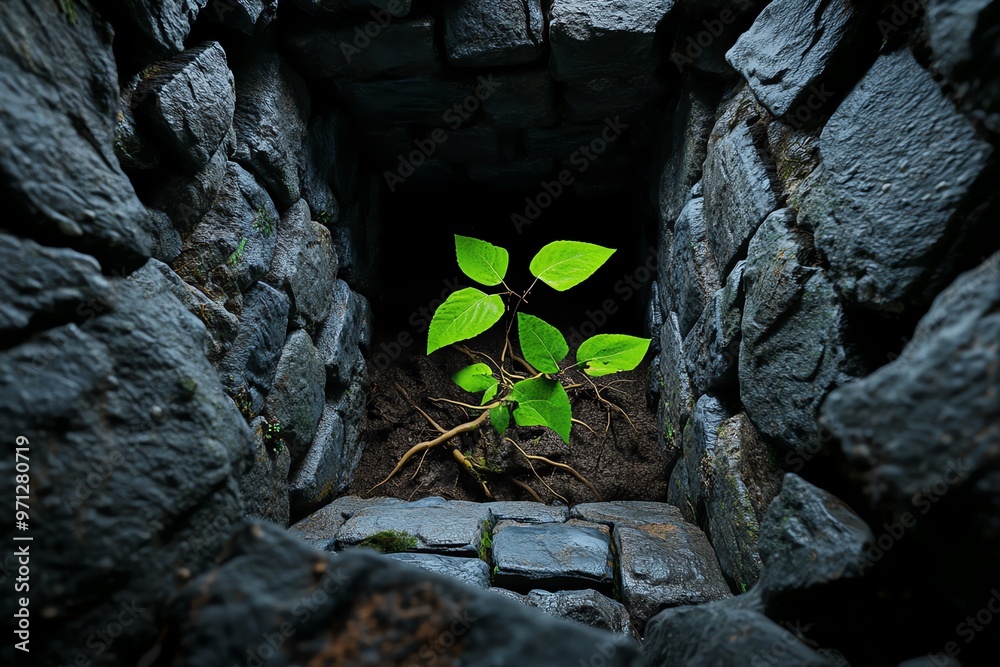 A dungeon overrun by nature, with roots breaking through the stone ...