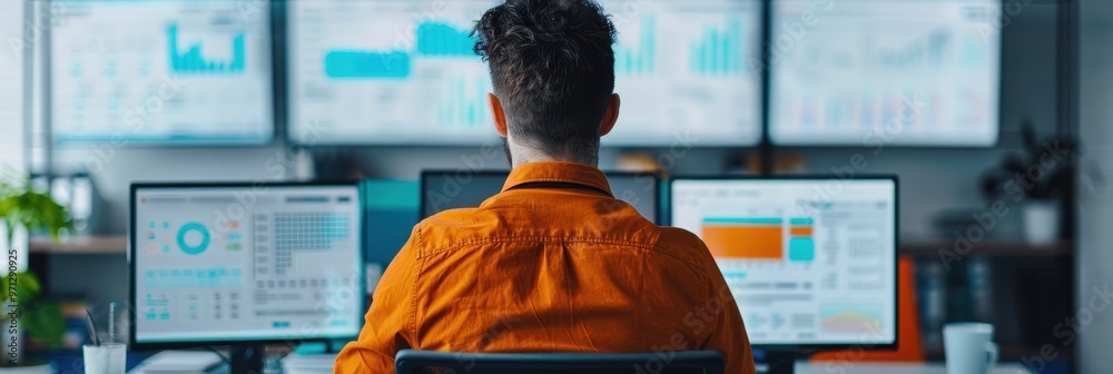 Back view of a data analyst working with multiple computer screens displaying charts and graphs ...