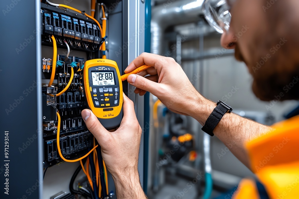 A professional-grade multimeter connected to an electrical panel ...