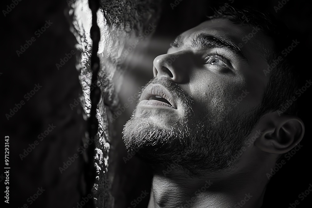 A prisoner chained to the wall of a medieval dungeon, their eyes ...