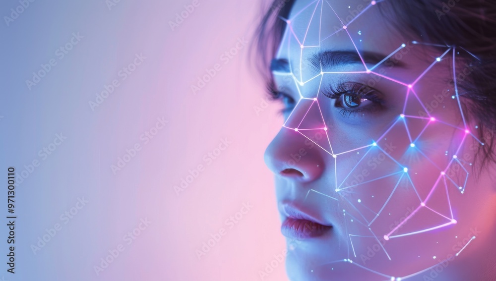 Beautiful woman is shown with an salon skincare AI face scan system ...