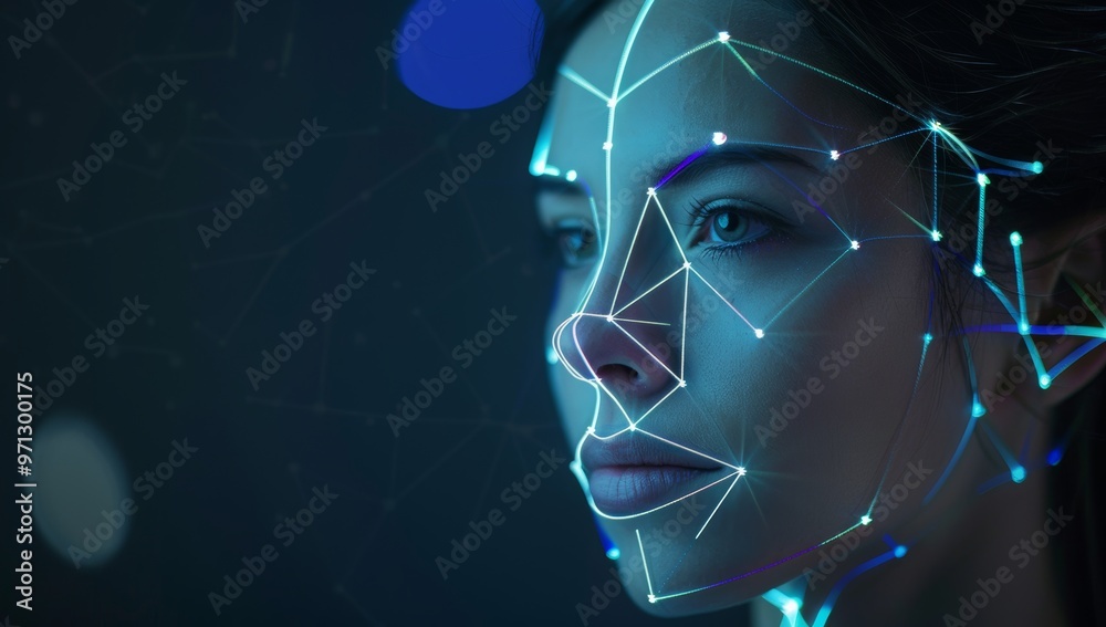 Beautiful woman is shown with an salon skincare AI face scan system ...