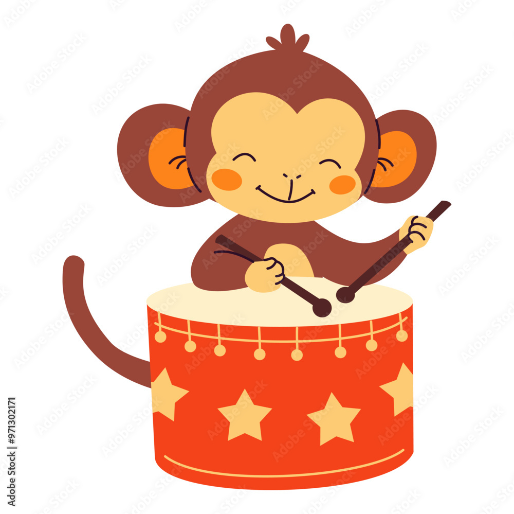 Flat vector illustration in children's style. Cute monkey playing a ...