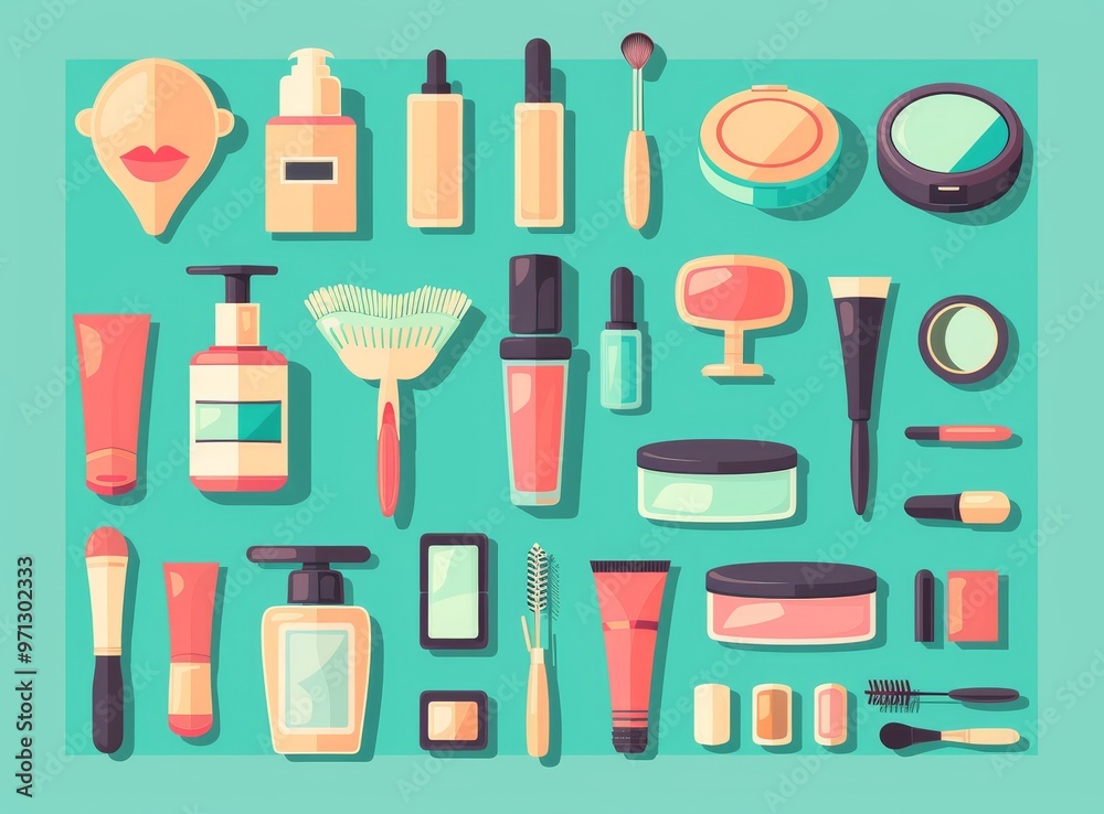A set of icons for beauty products in a flat design style with simple ...